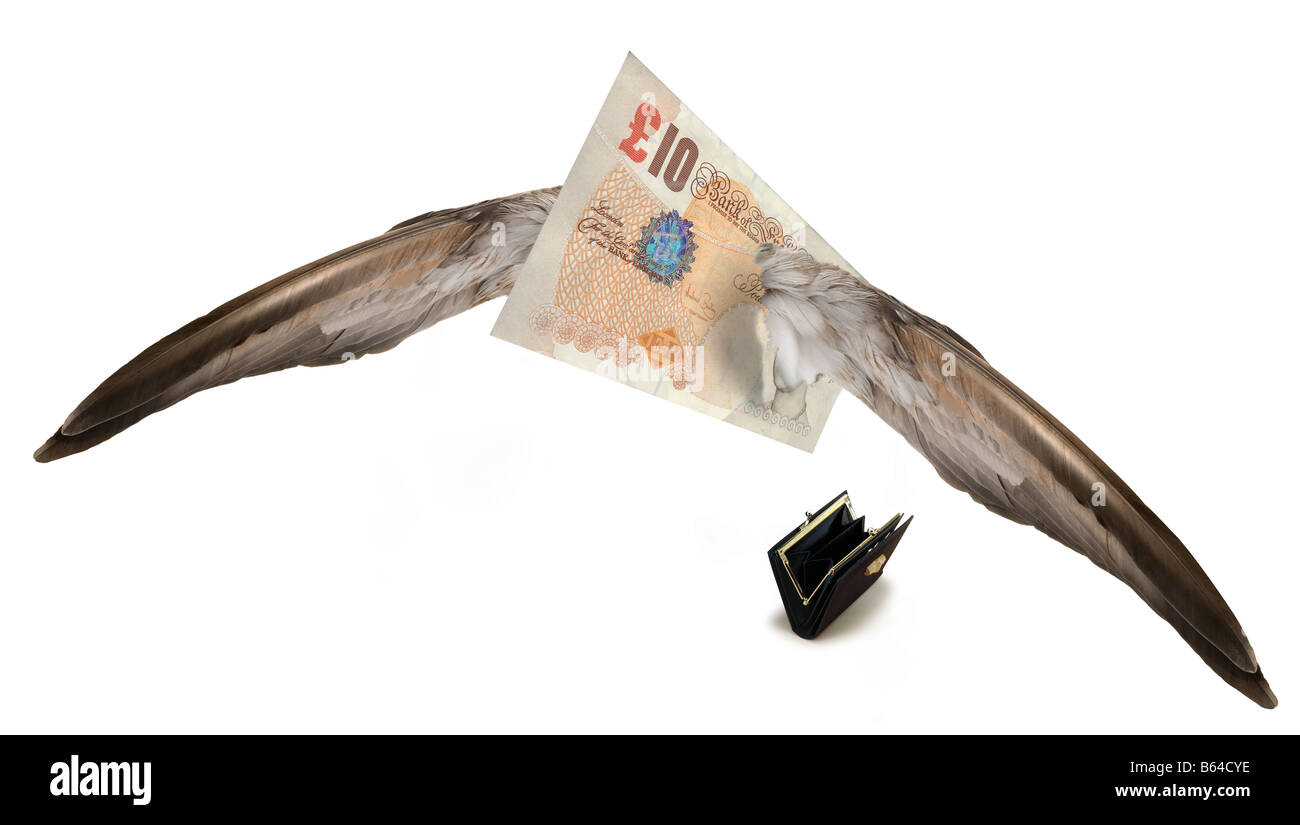 a 10 pounds bill flying away from an empty and open wallet Stock Photo ...