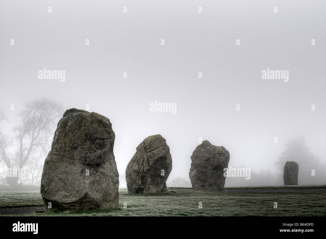 Standing stones at Newgrange passage tomb on a very foggy freezing cold ...