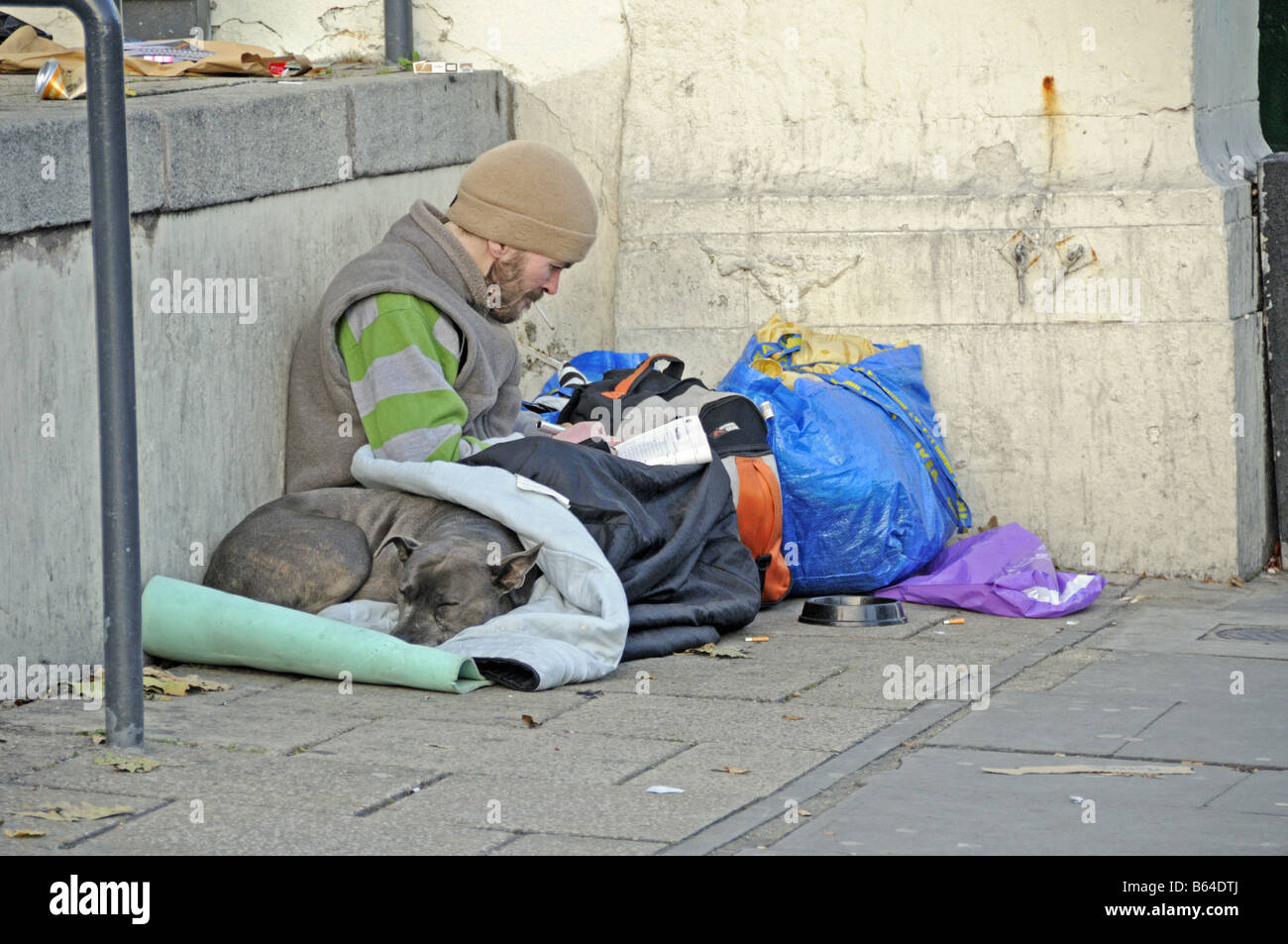 Homeless man with dog Upper Street Angel Islington London England ...