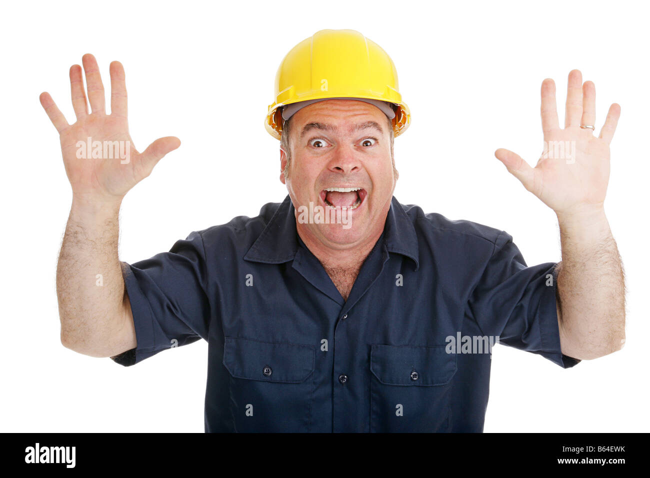 Construction worker screaming in terror Isolated on white Stock Photo ...