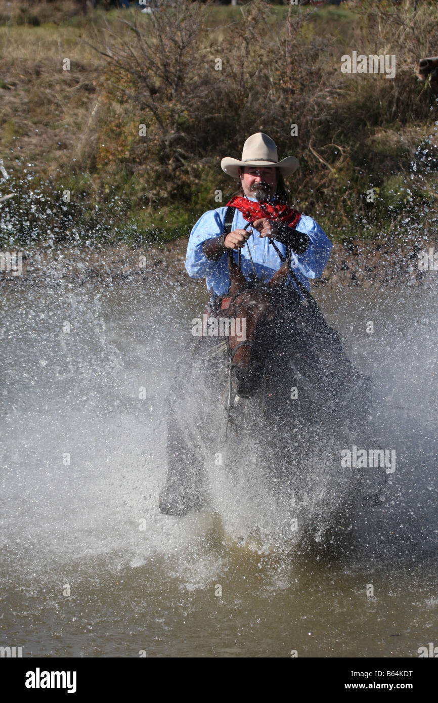 A cowboy running through a pond Stock Photo - Alamy