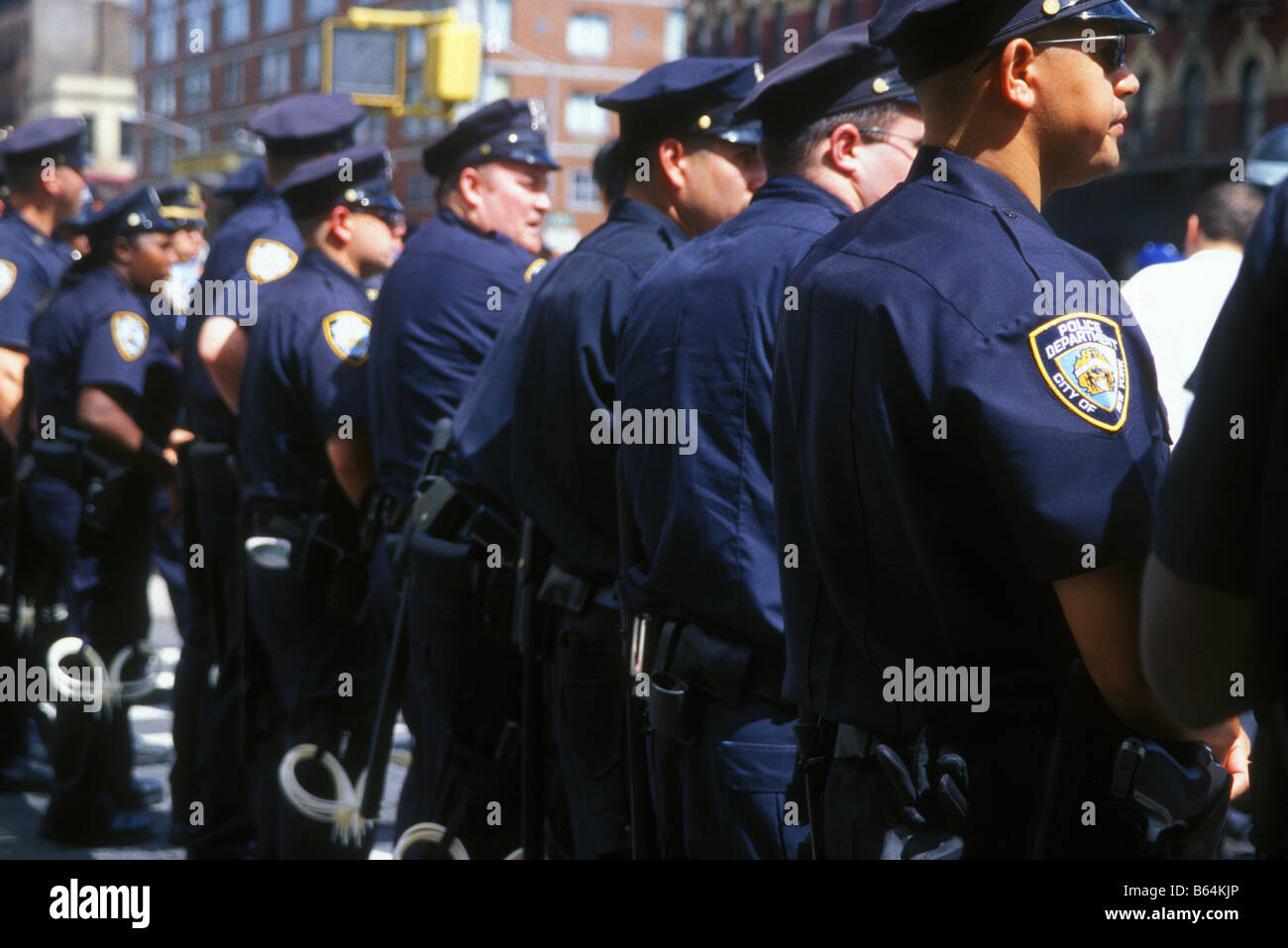 NYPD police officers in Manhattan New York line up during a ...