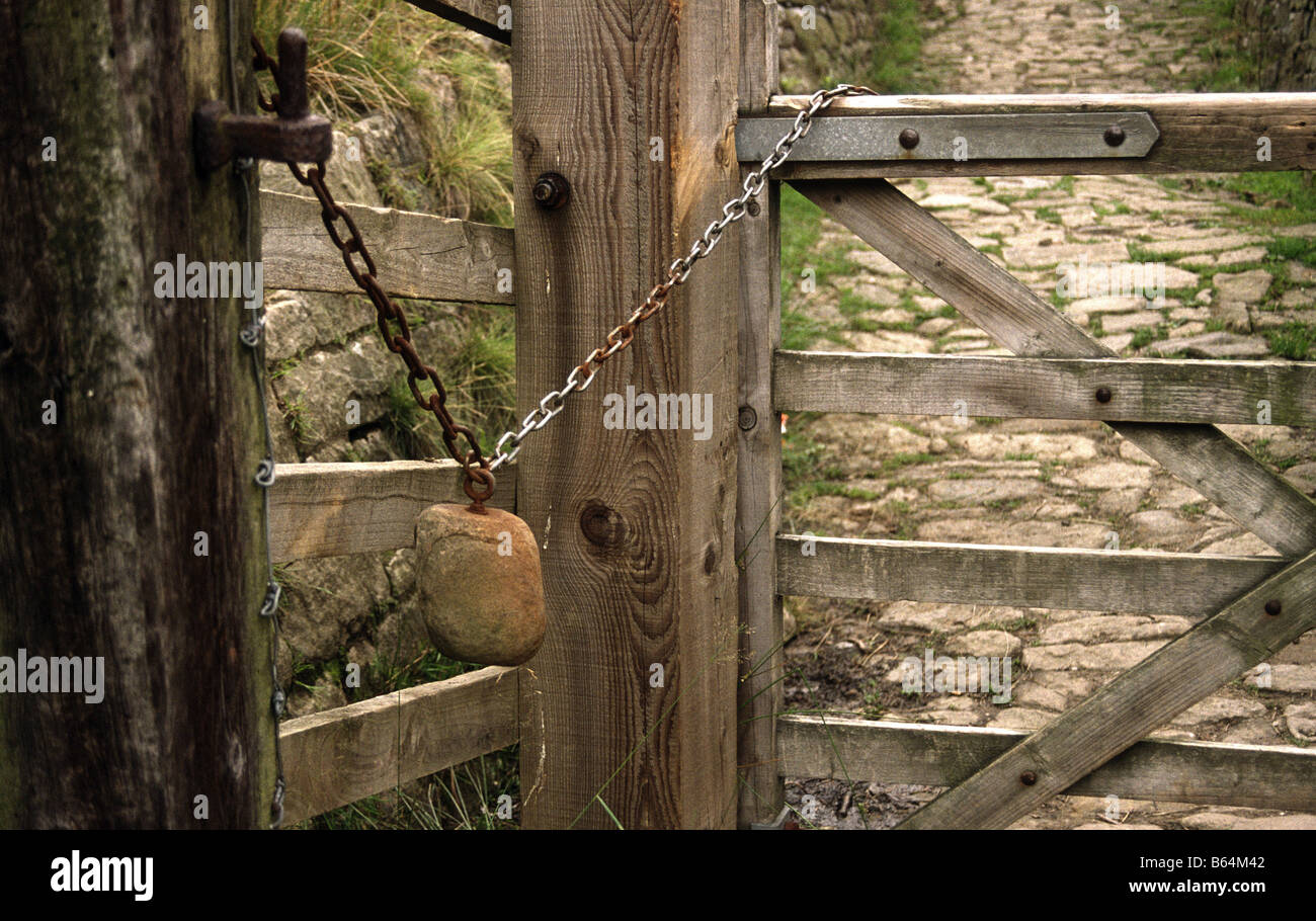 close-up of cattle gate with stone weight Stock Photo - Alamy