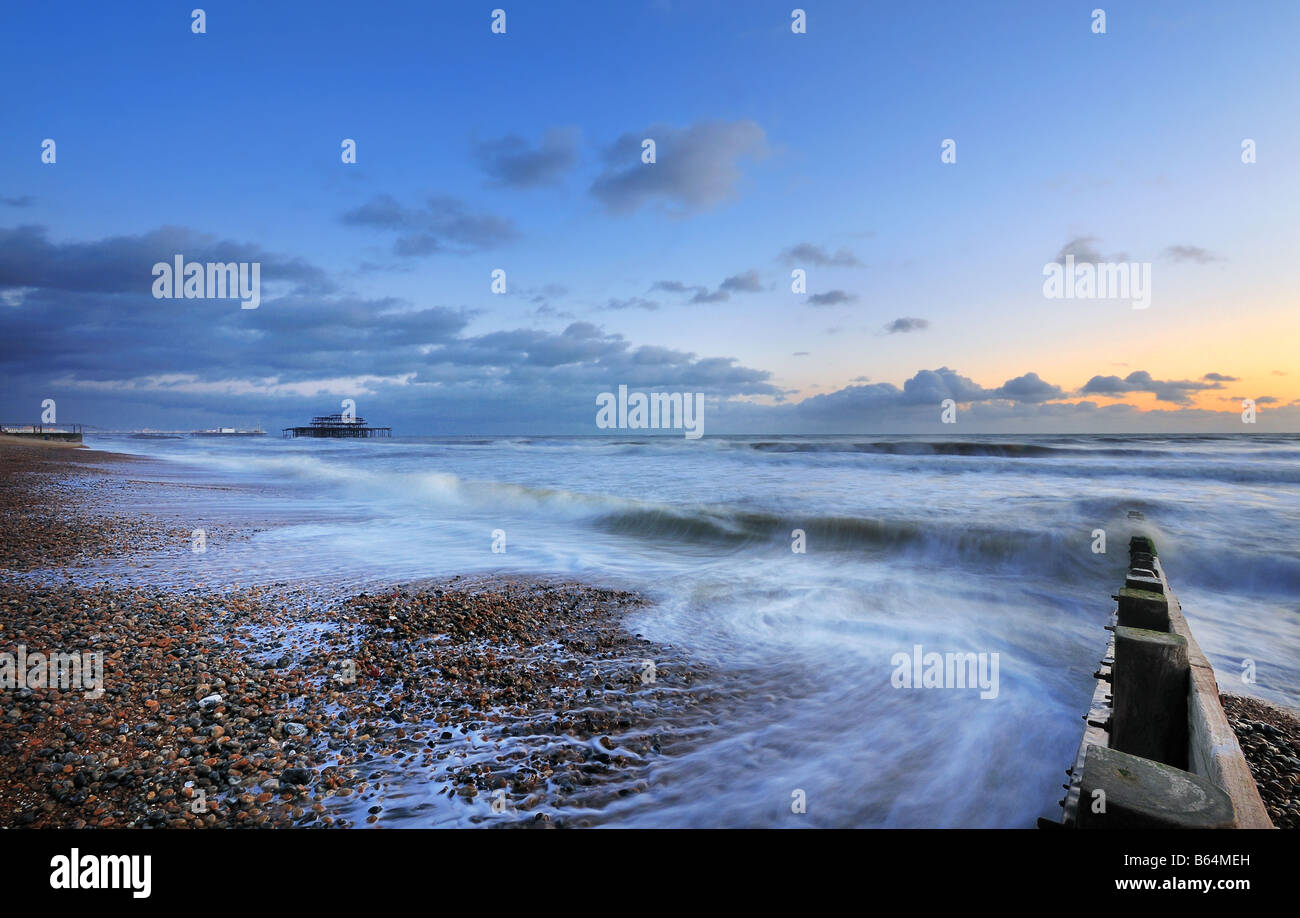 Brighton and Hove beach with pebbles and stones at dusk, East Sussex ...