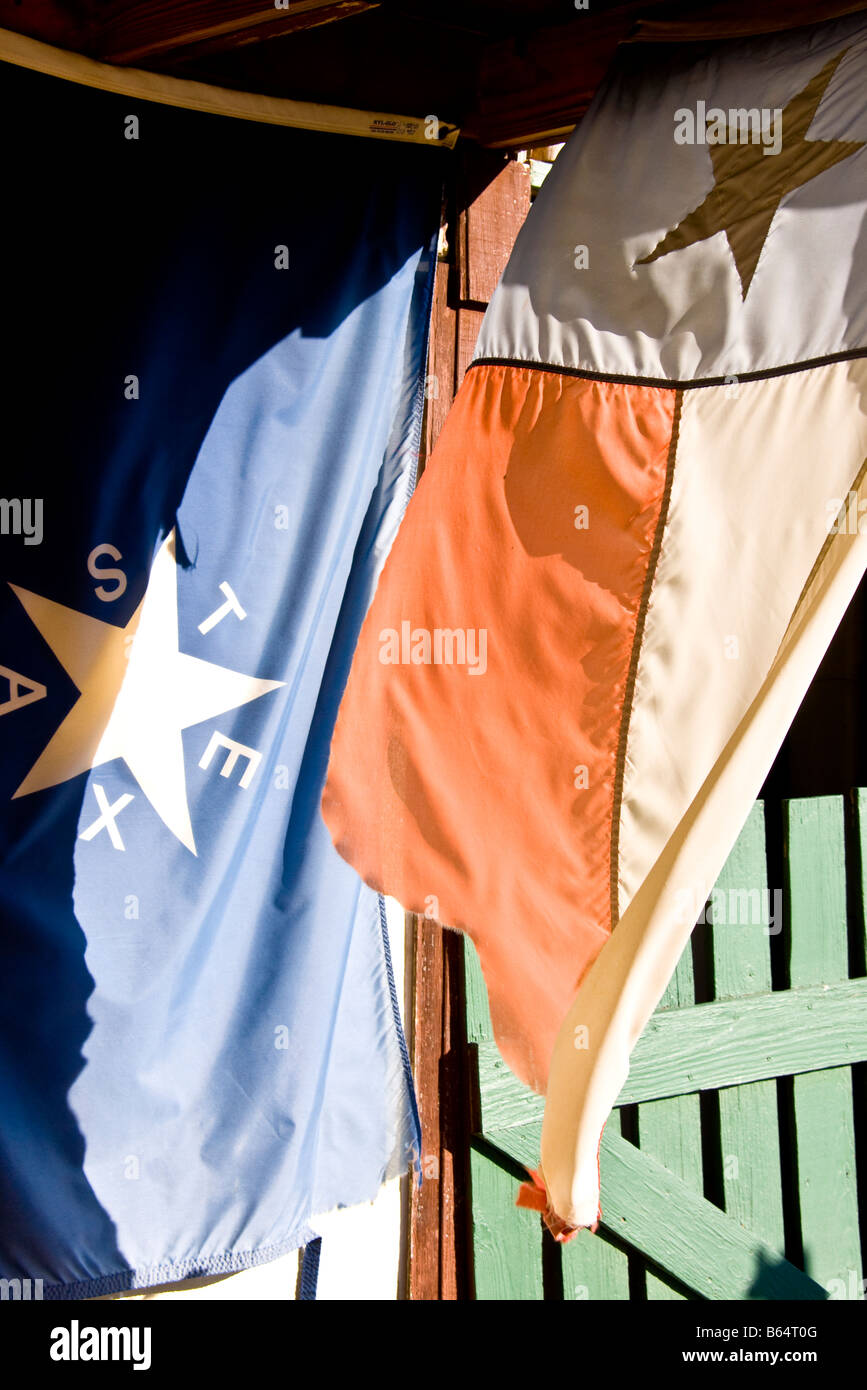 Texas Hill Country, Dixie Dude Ranch, old Texas flags on work shed ...