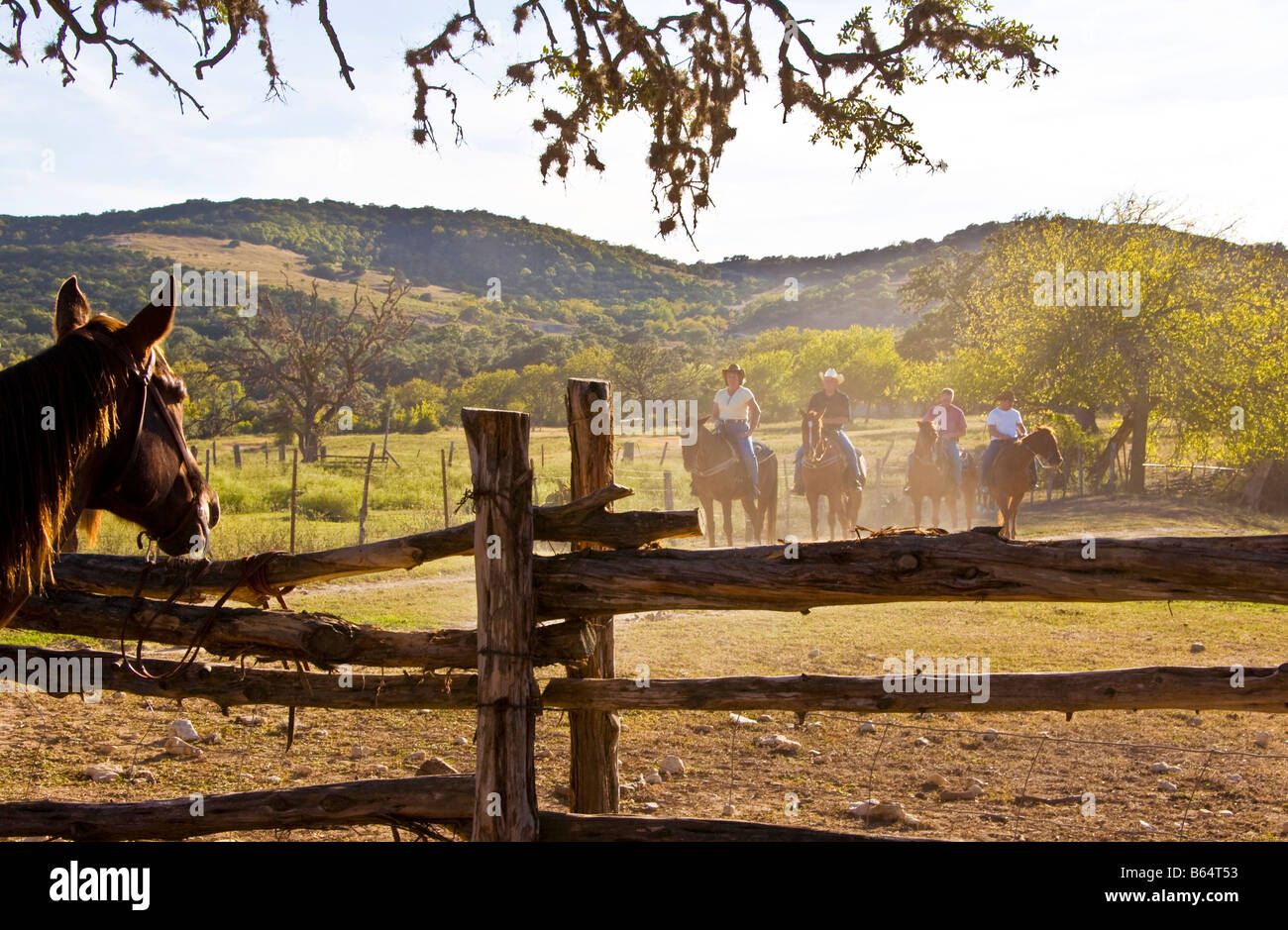 Texas Hill Country, Dixie Dude Ranch, riders returning to corral at ...