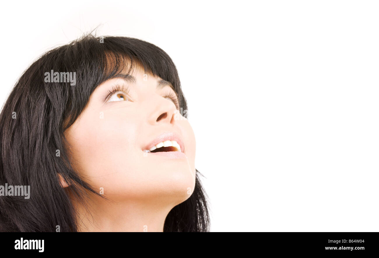 picture of happy woman looking up over white Stock Photo - Alamy