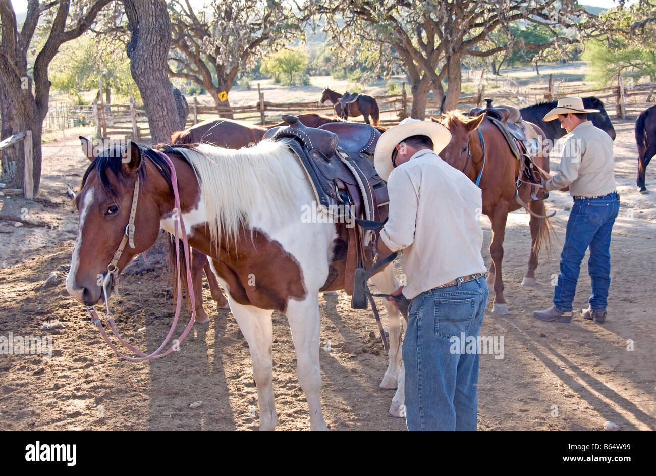 Texas Hill Country, Dixie Dude Ranch, cowboy ranch hands saddling ...