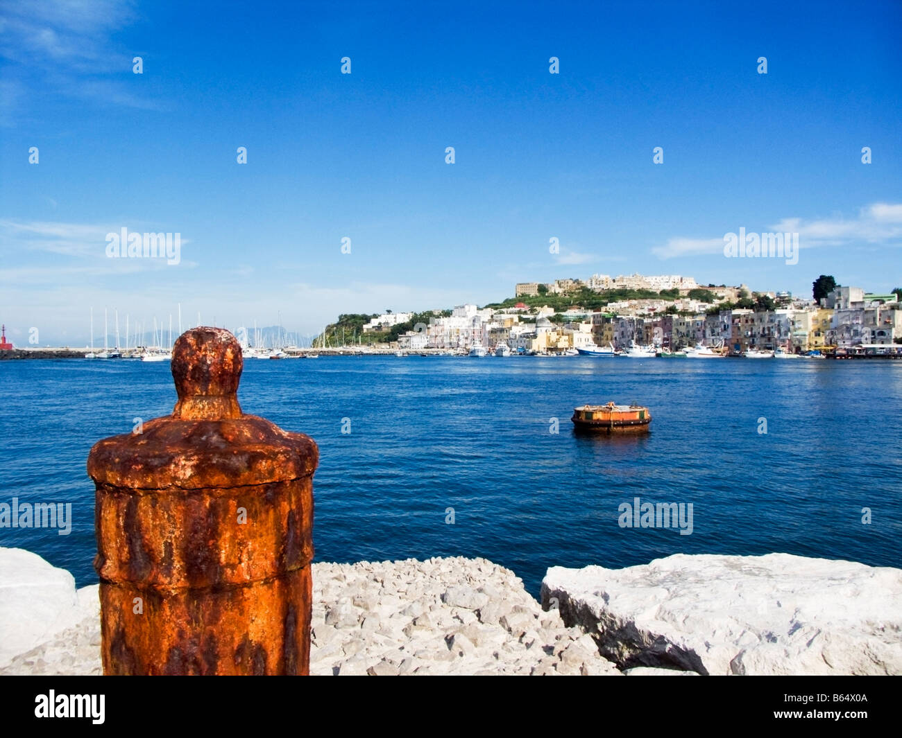 view of Procida harbour from the lighthouse Procida Naples campania ...