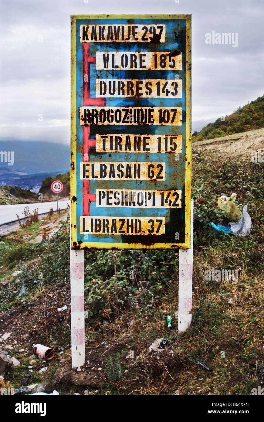 Old and worn out rusty road sign in Albania near Lake Ohrid Albania ...