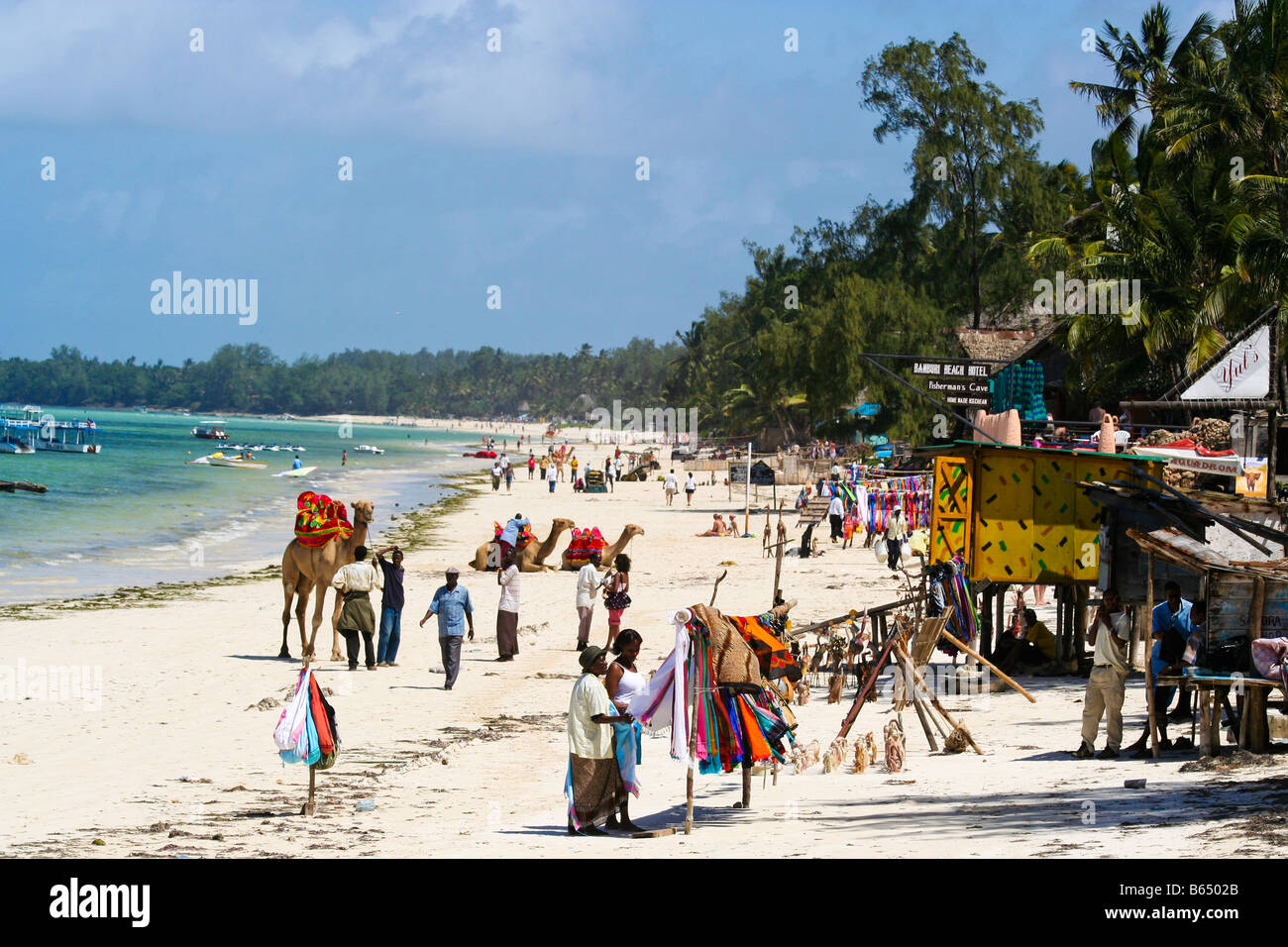 Wide angle view of a busy beach on Mombasa, Kenya's North Coast Stock ...