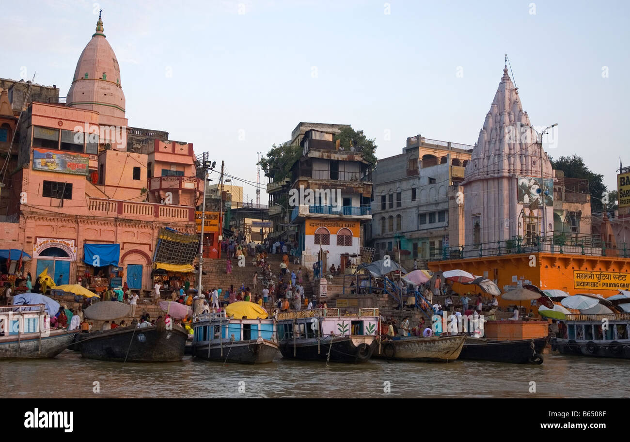 Morning devotions and bathing at the ghats in the Ganges River in ...