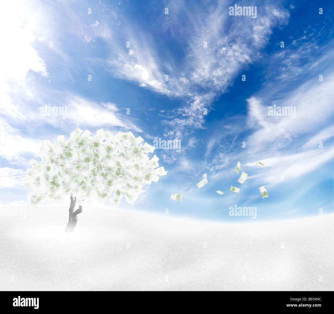 Beautiful scenery with cash tree with falling banknote leaves Freezing ...