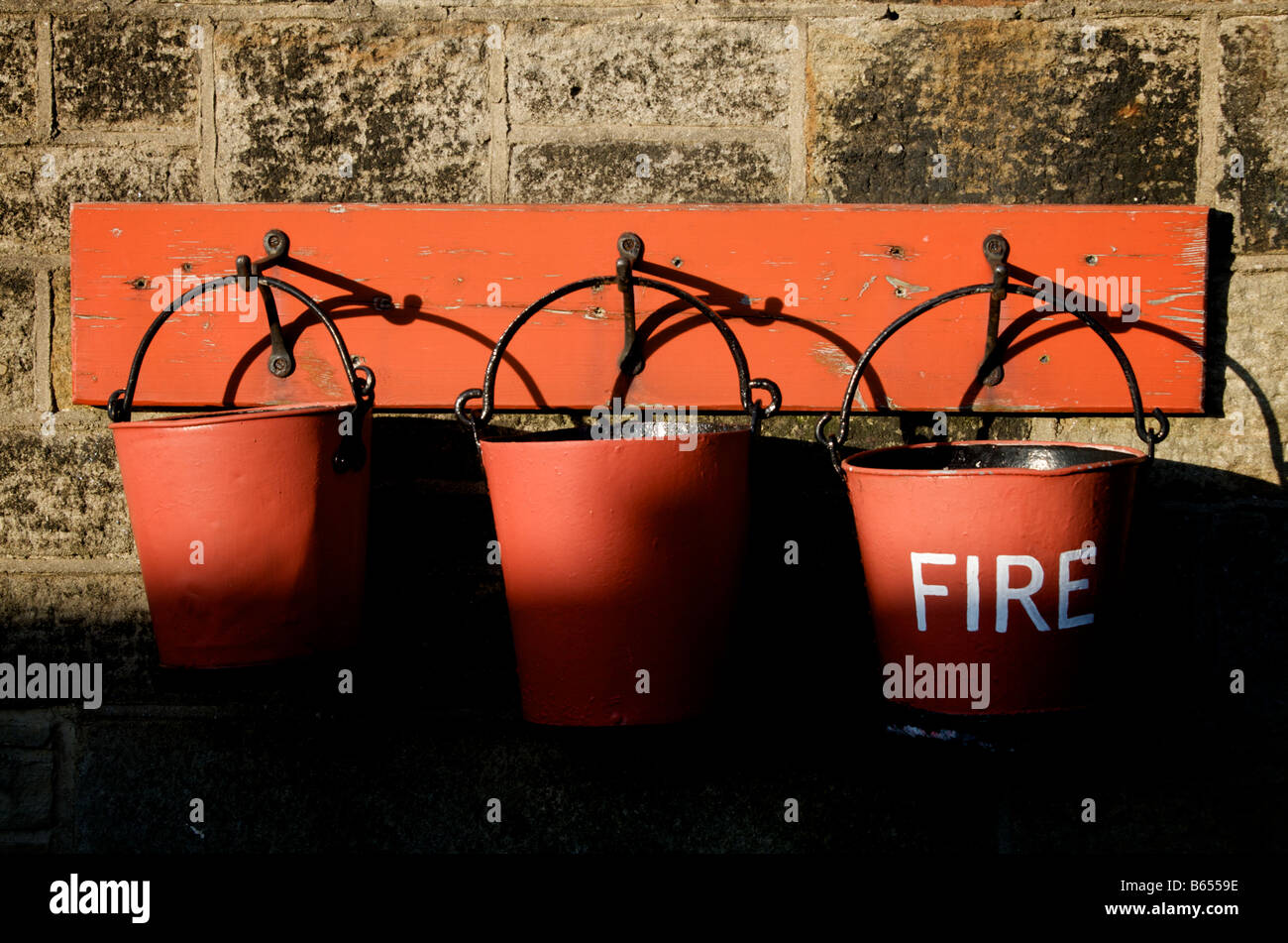 vintage buckets to put out a possible fire in Embsay Station Stock ...