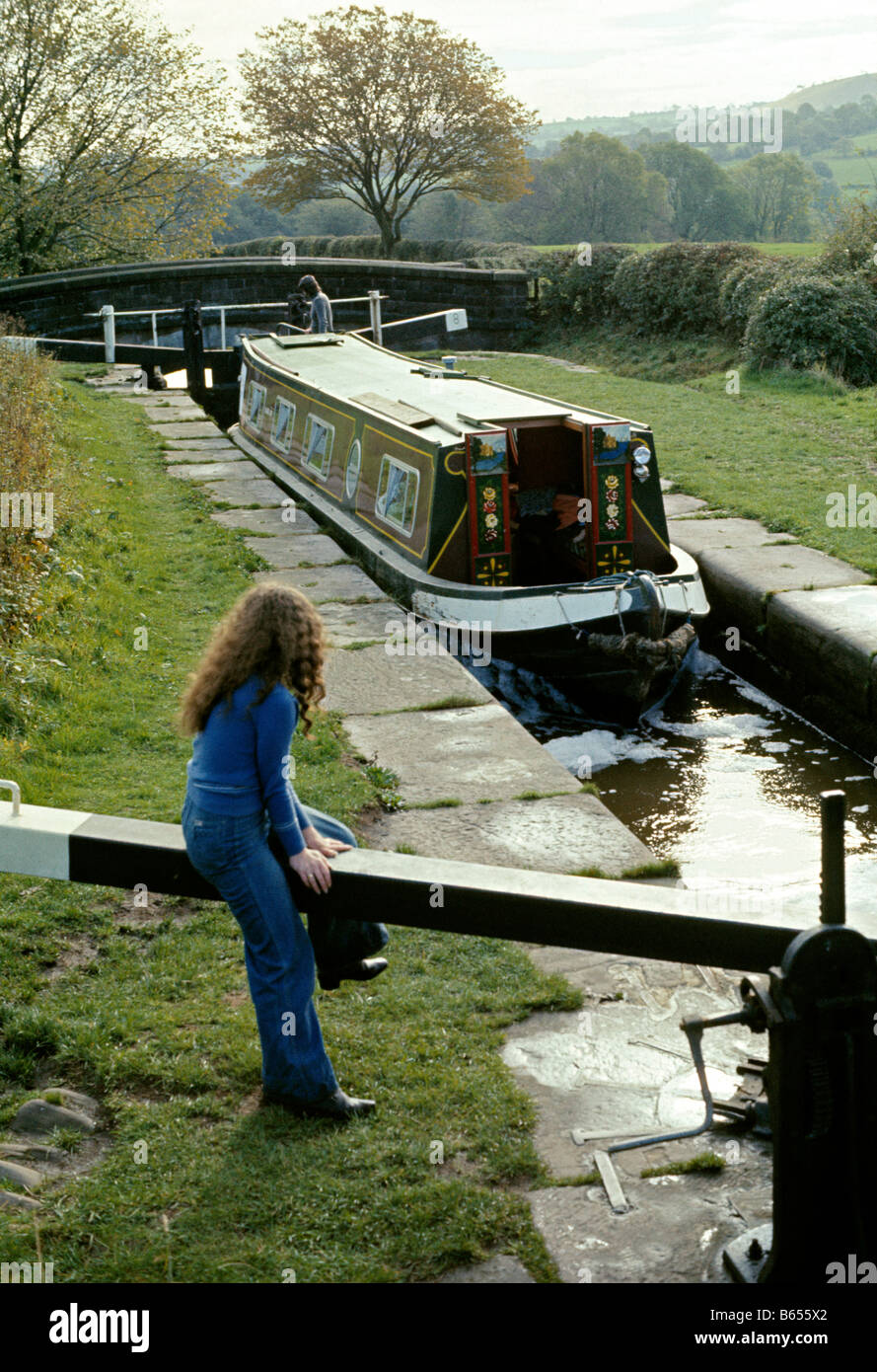Narrow boat passing through one of the Bosley locks on the Macclesfield ...