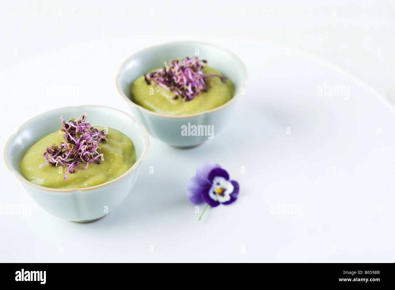 Split pea puree and radish sprouts in small bowls Stock Photo - Alamy