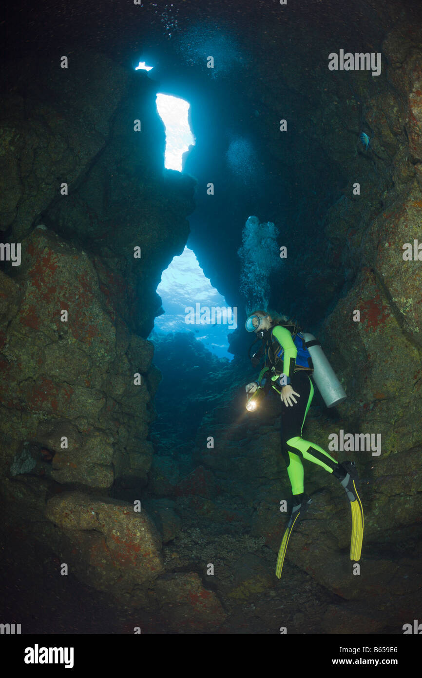 Diver at Caves of Lava Tubes Cathedrals of Lanai Maui Hawaii USA Stock ...