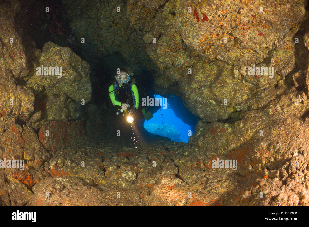 Diver at Caves of Lava Tubes Cathedrals of Lanai Maui Hawaii USA Stock ...