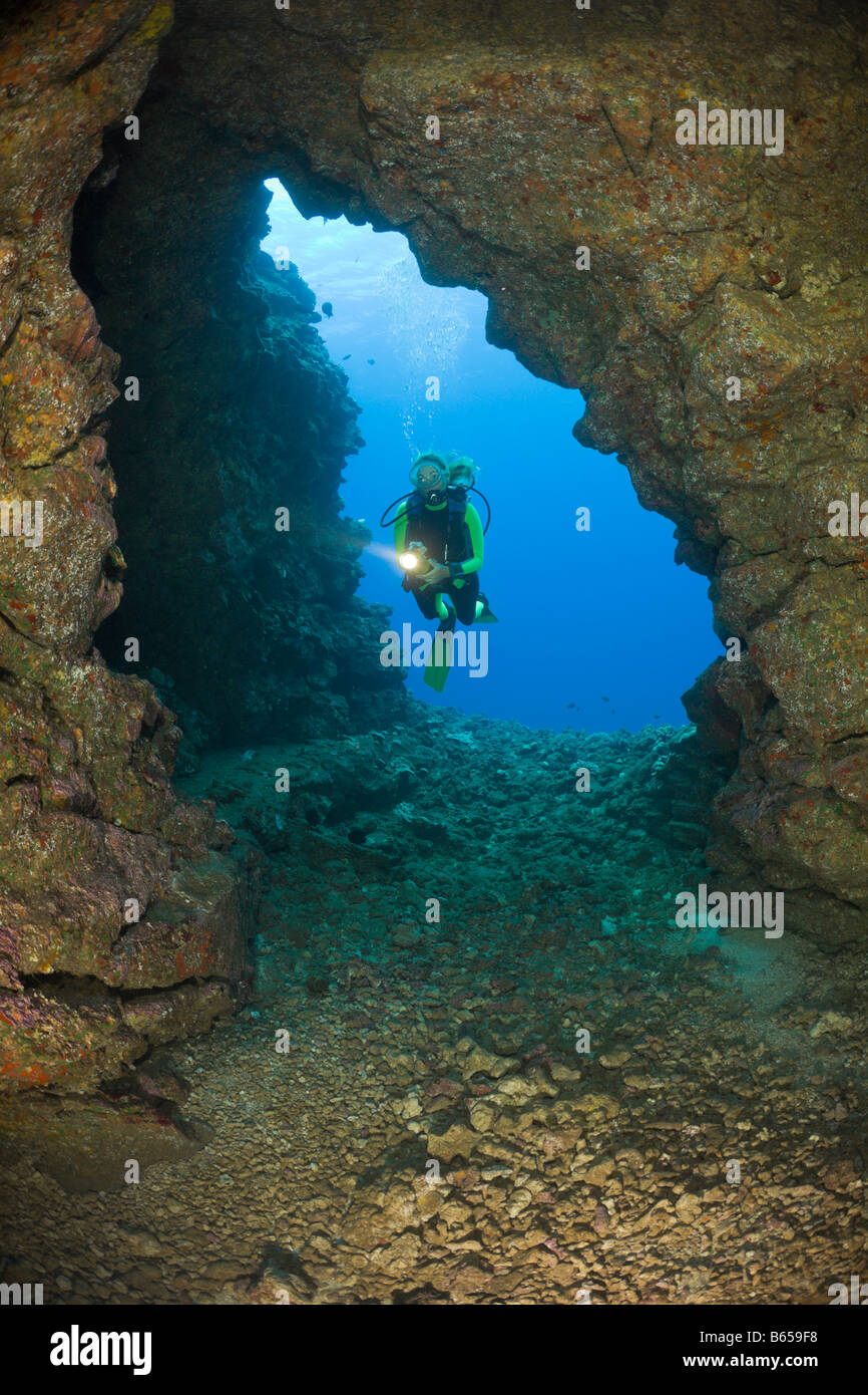Diver at Caves of Lava Tubes Cathedrals of Lanai Maui Hawaii USA Stock ...