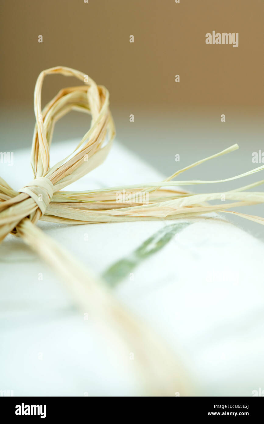 Wrapped gift with raffia bow, extreme close-up Stock Photo - Alamy