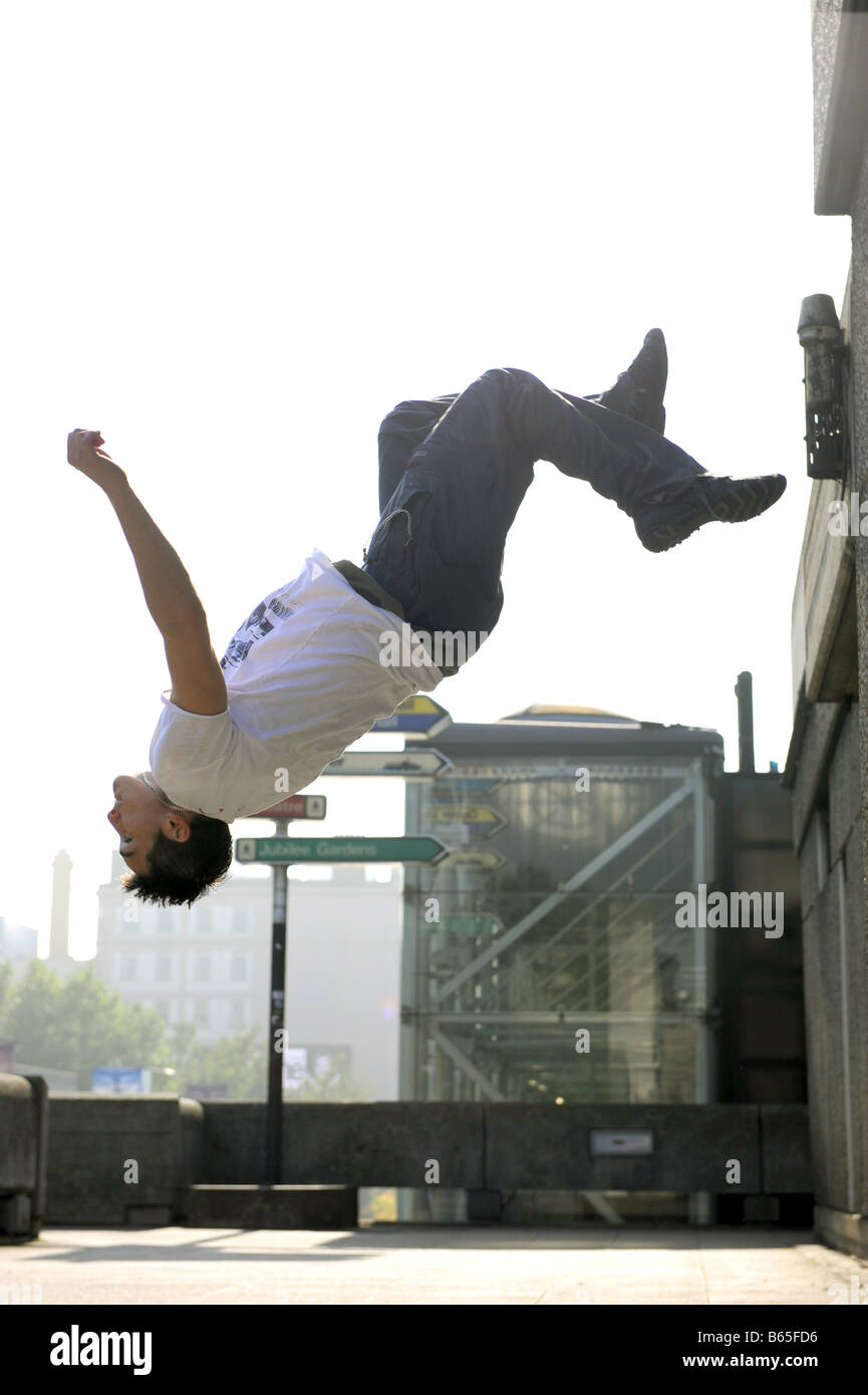 Danny Darwin demonstrating free running (parkour) techniques near the ...