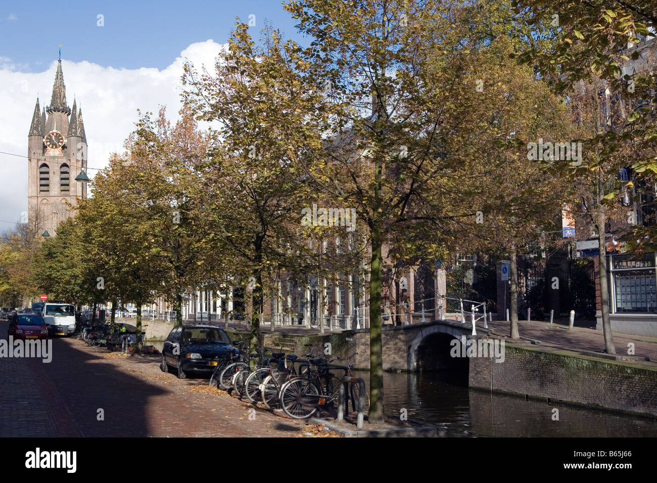 View down canal towards the Old Church oude Kerk in Delft The ...