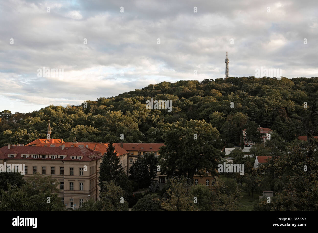 Prague evening view of Petrin hill and tower Stock Photo - Alamy