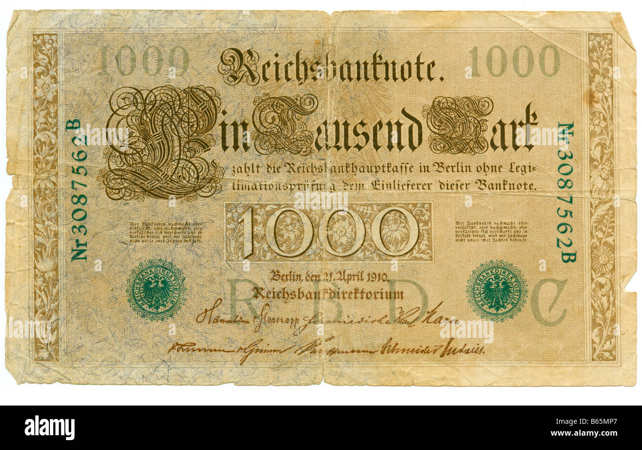 1000 mark bill of Germany, close-up of old shabby banknote Stock Photo ...