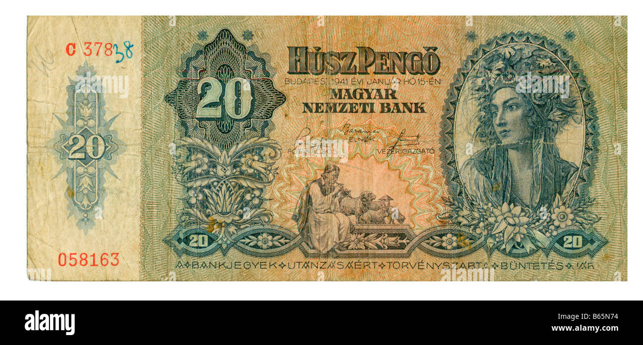 Hungarian banknote at 20 pengo of 1941 year, close-up of old paper bill ...