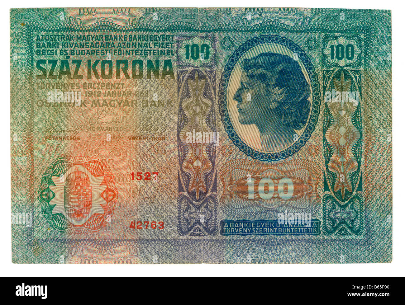 Hungarian banknote at 100 krone of 1912 year, close-up of old paper ...