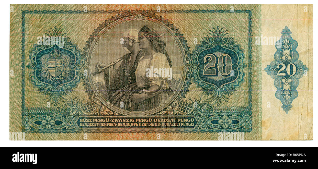 Hungarian banknote at 20 pengo of 1941 year, close-up of old paper bill ...