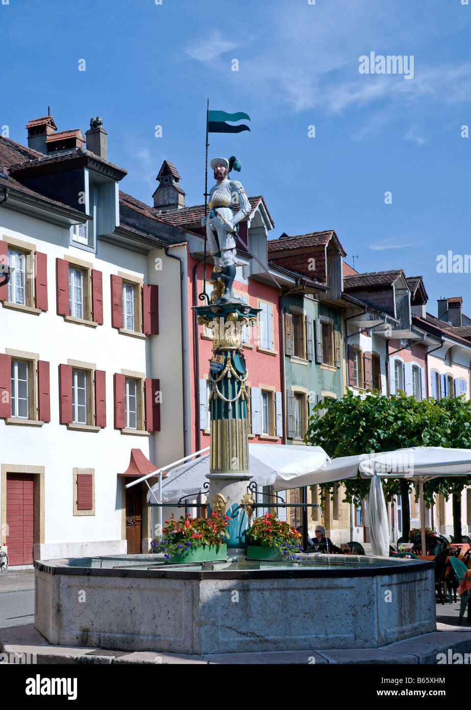 Statue and fountain in Le Landeron, Switzerland (vertical panorama ...