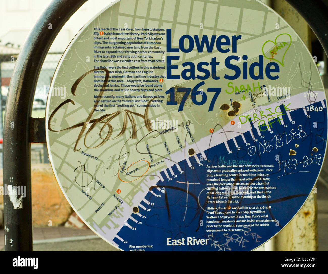 Lower East Side sign with graffiti near South Street Seaport in ...