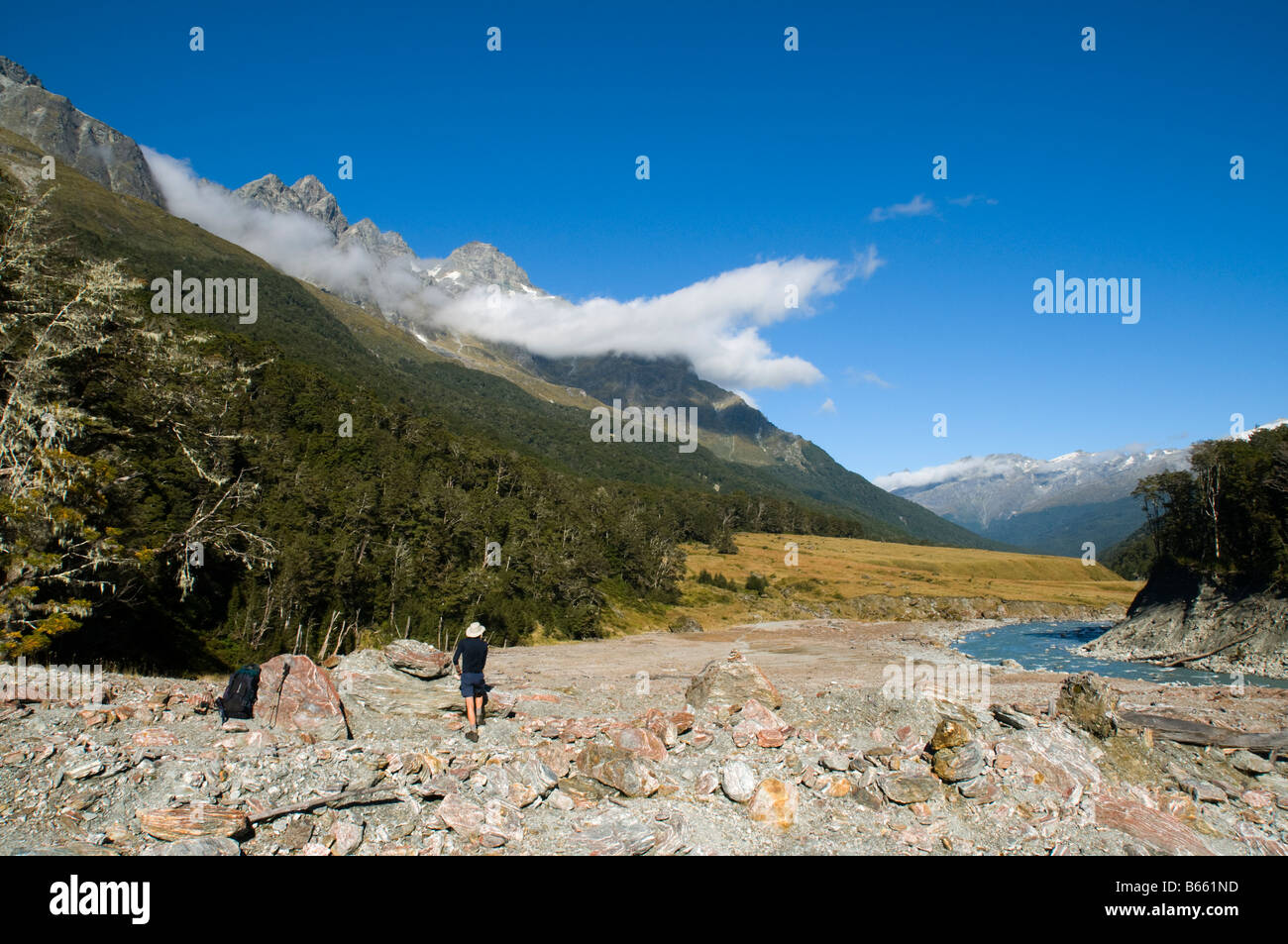 Crossing a washout area in the Dart River valley, Rees Dart track ...