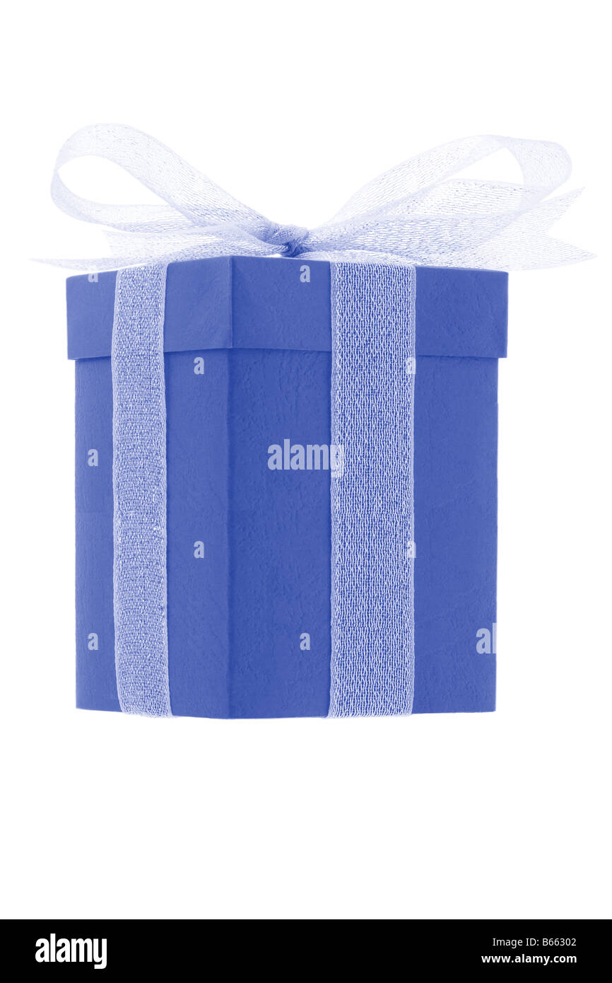 Blue gift box with bow ribbon on white background Stock Photo - Alamy