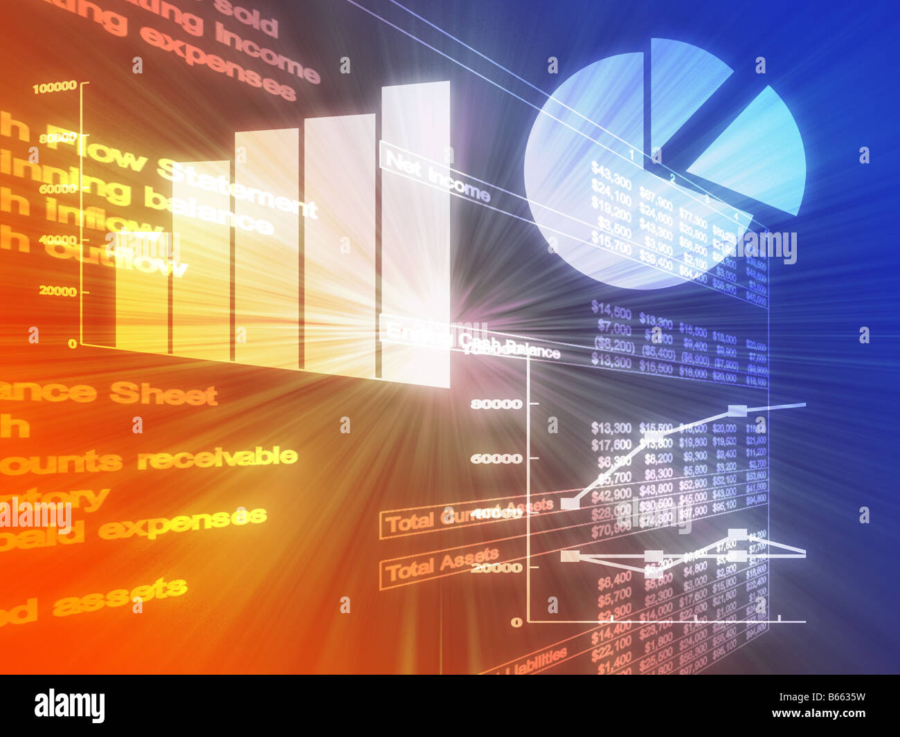 Illustration of Spreadsheet data and business charts in glowing ...
