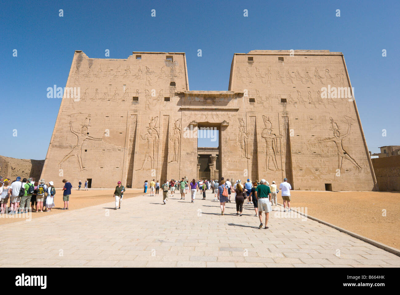 The ruins and remains of the front entrance to the Horus Temple at Edfu ...