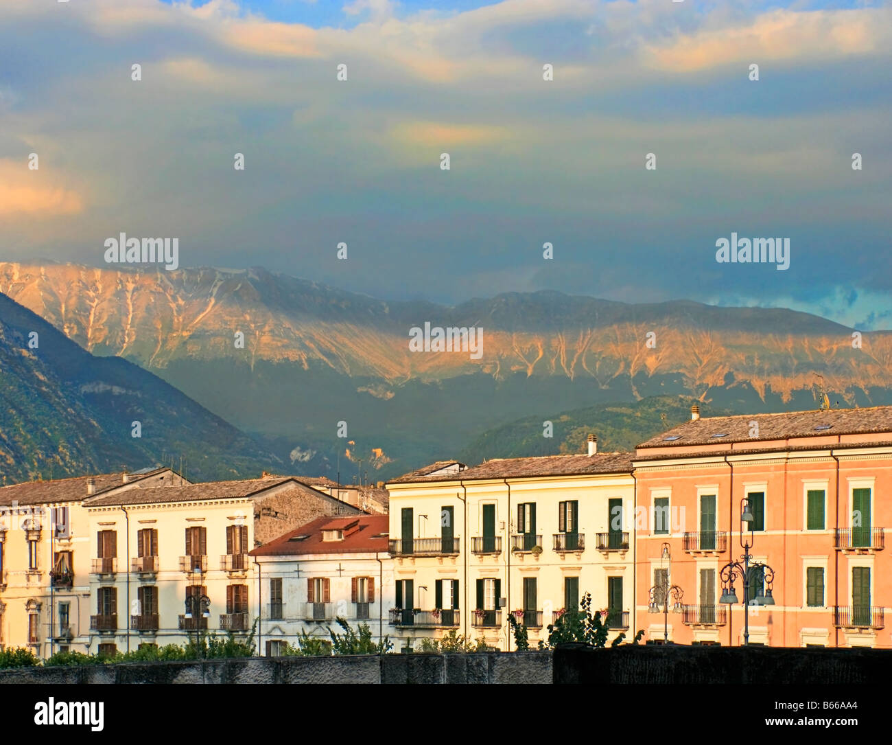 Sulmona’s Piazza Garibaldi and mountains of Maiella National Park ...