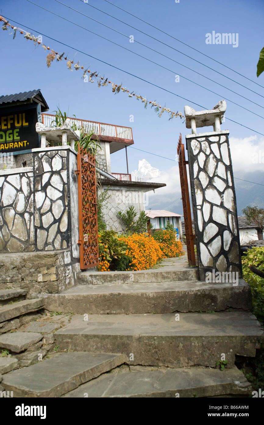 Fishtail Mountain and hotel from Ghandruk village in the Modi river ...
