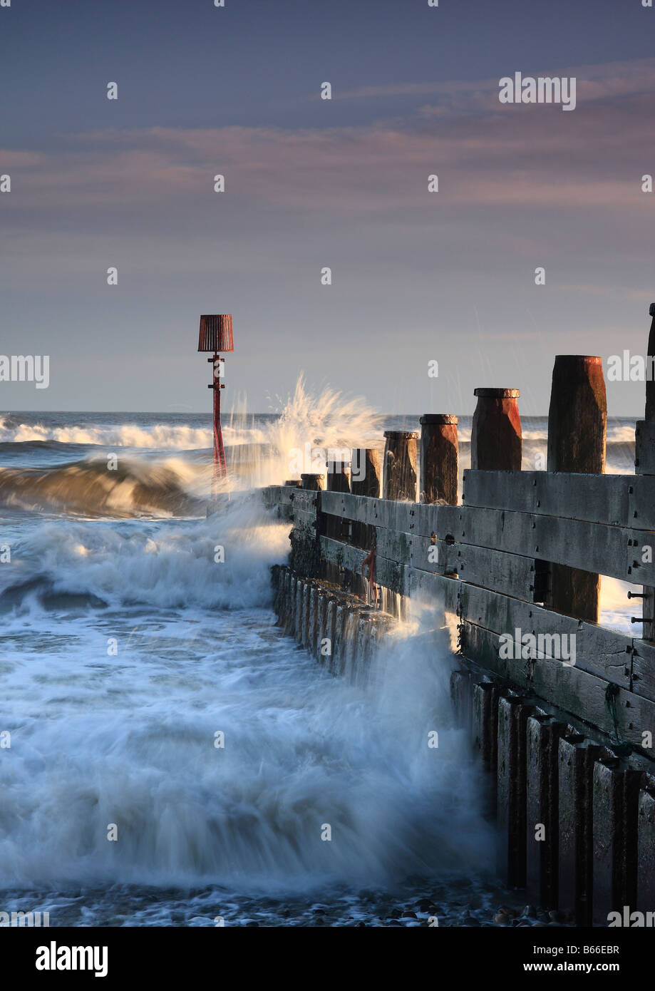 Redcar Sea defence Groins at Sunrise with powerful crashing waves Sea ...