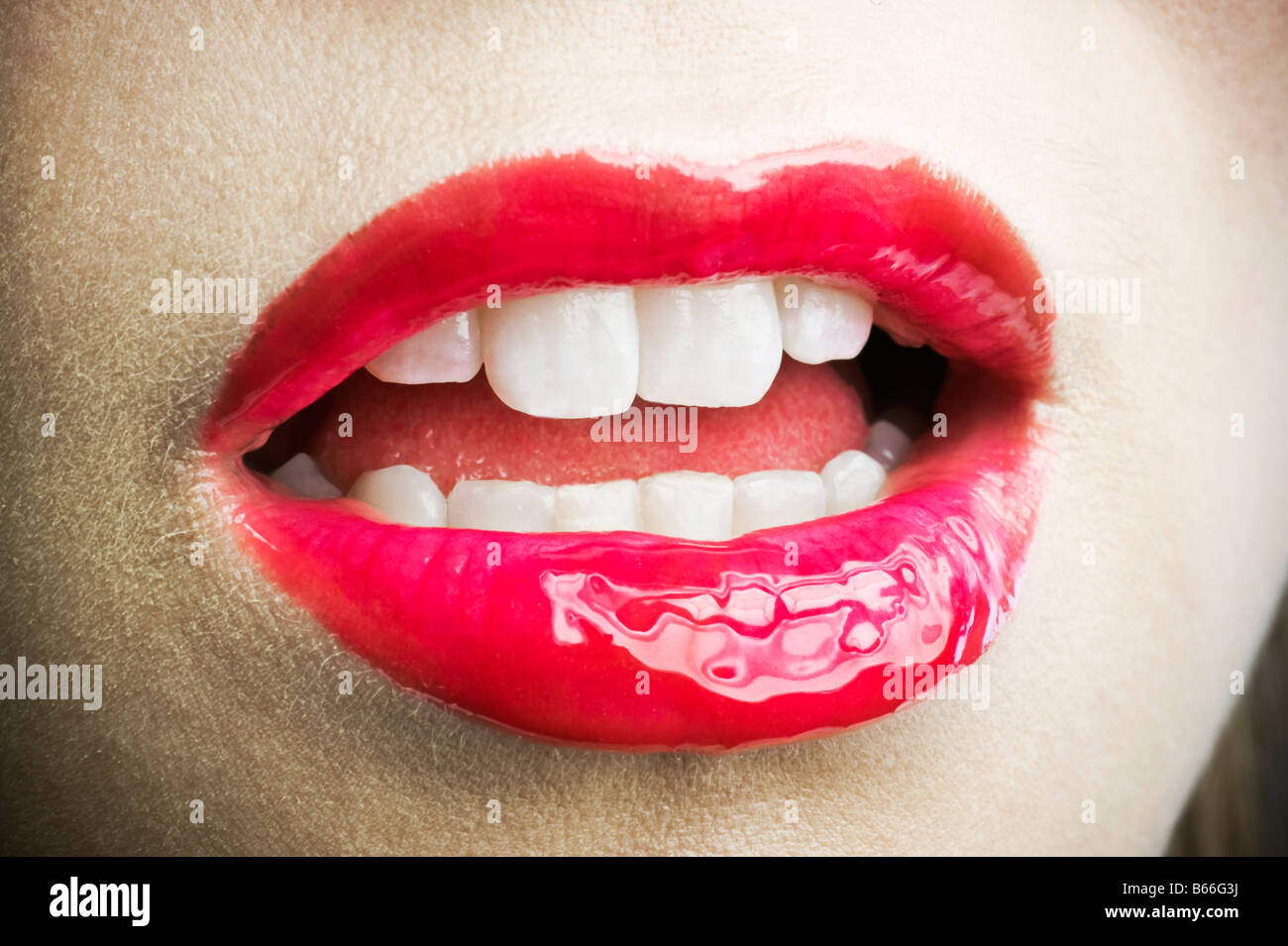 Close up of a 26 year old lips red lipstick hi-res stock photography ...