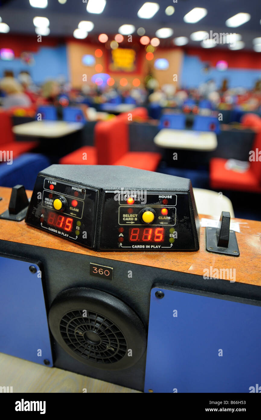 A Gala Bingo hall in the UK. Viewed from a players table and the number ...