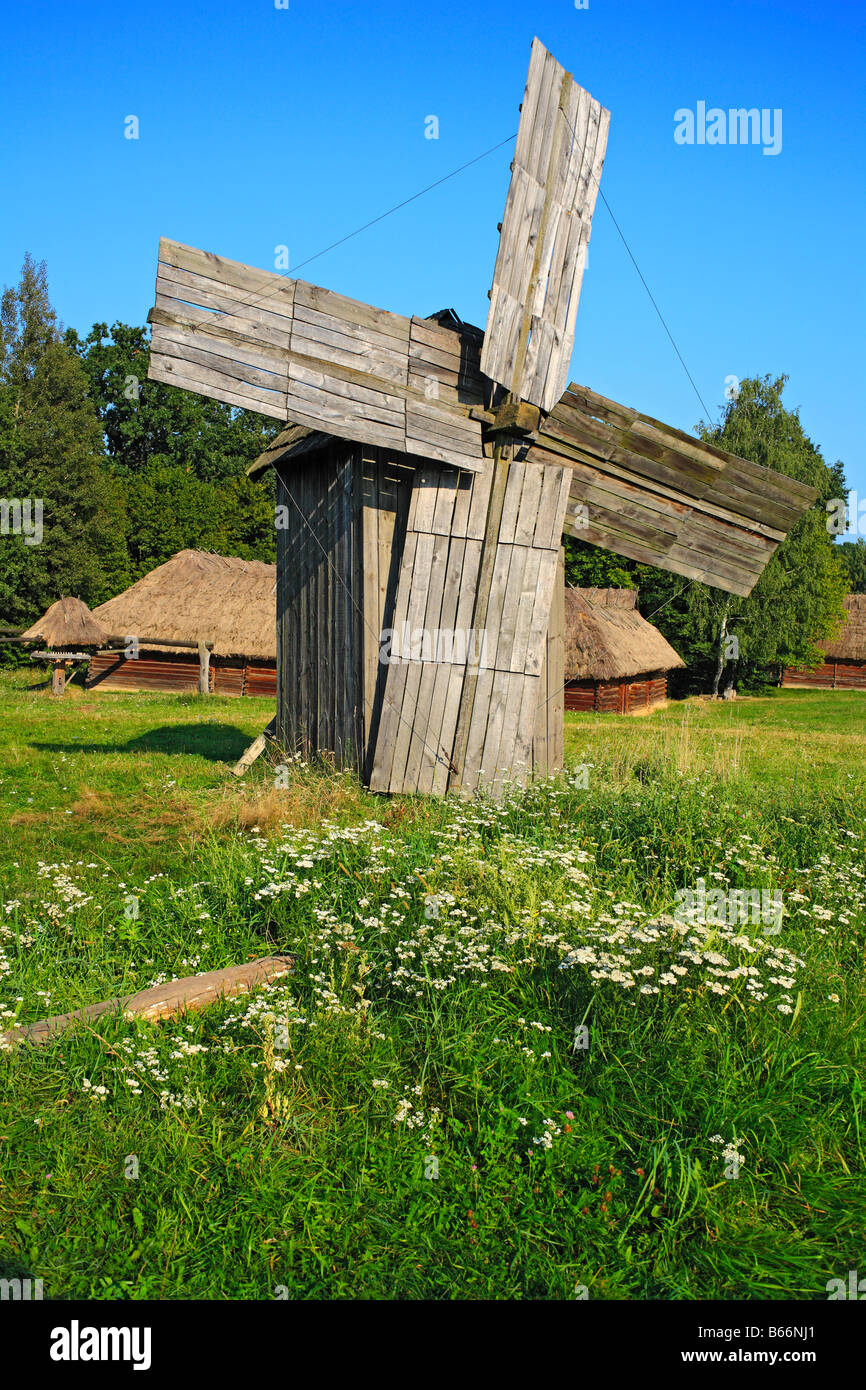 Ukrainian traditional wooden windmill, Pirogovo (Pyrohiv), open air ...