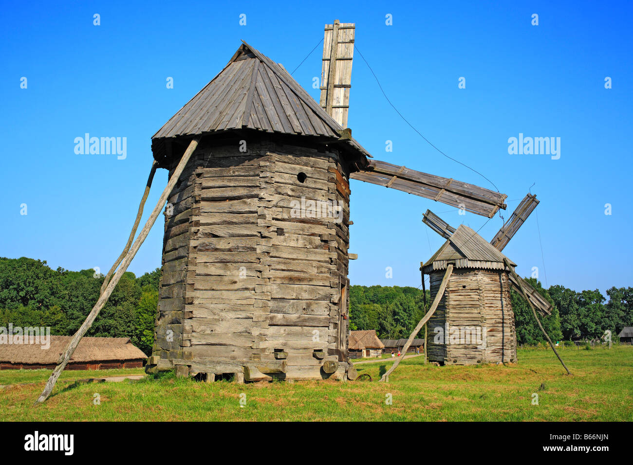 Ukrainian traditional wooden windmill, Pirogovo (Pyrohiv), open air ...