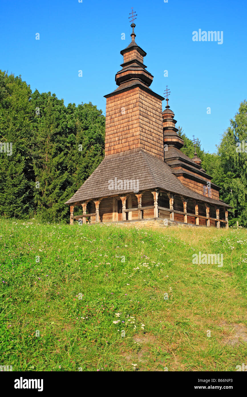 Ukrainian traditional wooden church, Pirogovo (Pyrohiv), open air ...