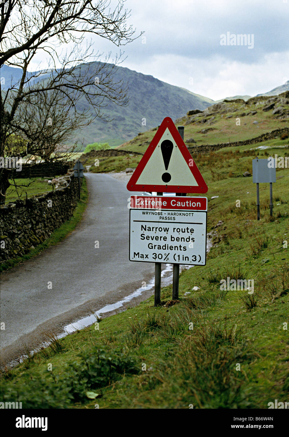Warning sign on the approach to Hardknott & Wrynose Passes, Cumbria, UK ...