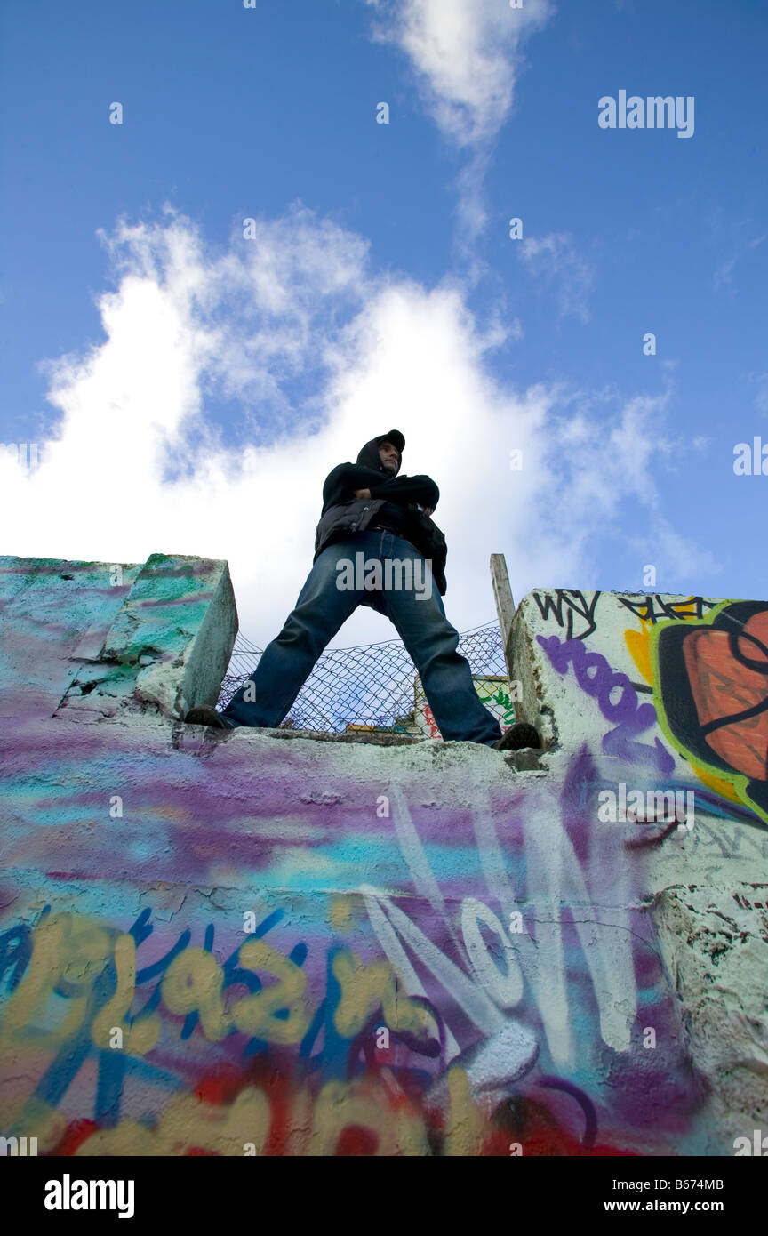 Graffiti artist stands above a painted wall Stock Photo - Alamy
