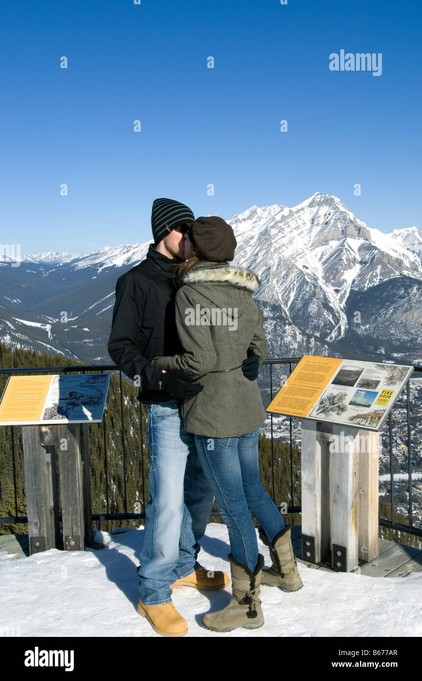 Young couple at the top of Sulphur Mountain, Banff National Park, Banff ...