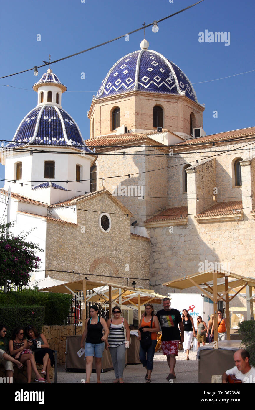 Local market in a square in Altea. Behind is the church "Iglesia de la ...