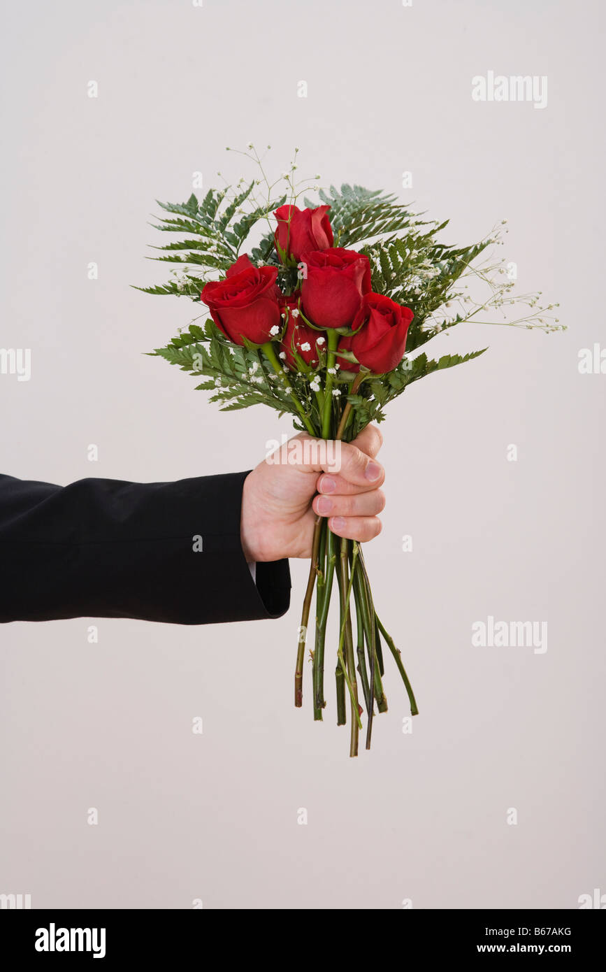 Man's hand holding bunch of red roses Stock Photo - Alamy